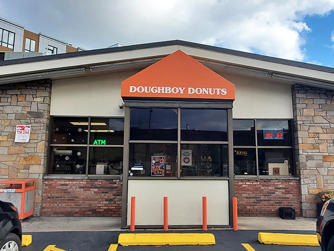 Doughboy Donuts' stone facade and bright orange awning stands like a beacon of hope for the sugar-deprived masses of South Boston.