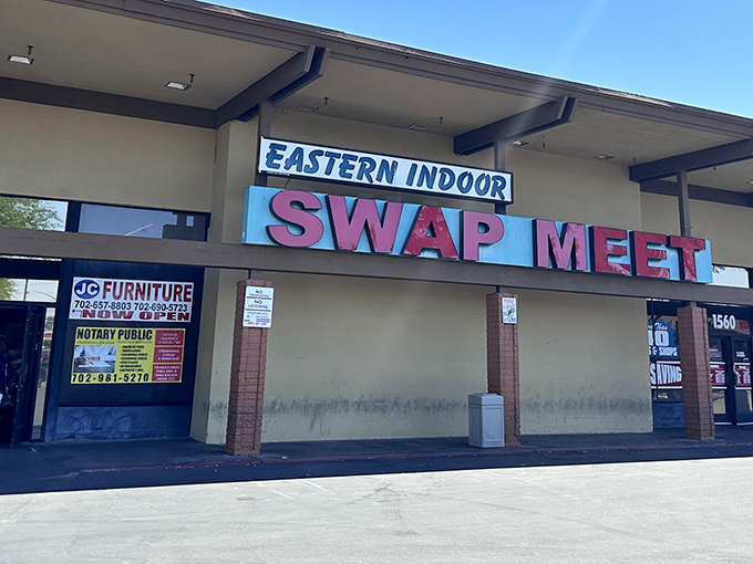 Bold signage and covered walkways create the perfect setup for serious treasure hunting in comfortable indoor conditions.