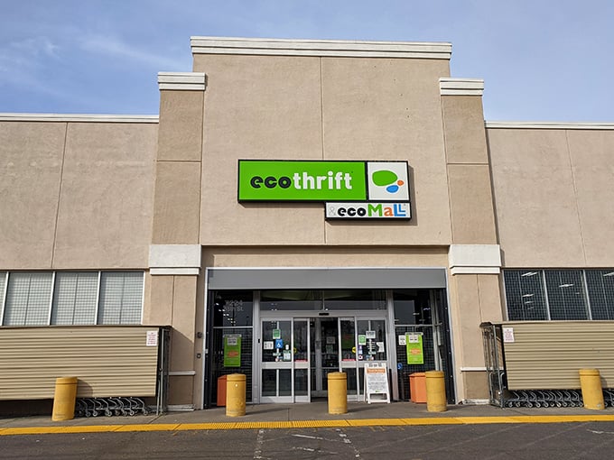 Eco Thrift's vibrant green sign promises eco-friendly shopping adventures. Like a sustainable oasis in Sacramento, it invites bargain hunters to dive into its depths.