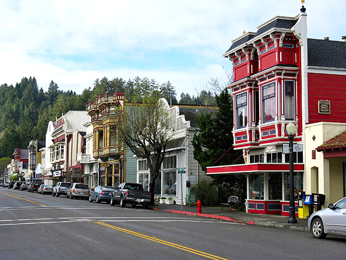 Ferndale's Victorian buildings look like they're dressed for a fancy party that's been going on since 1890. Colorful, ornate, and ready for their close-up.