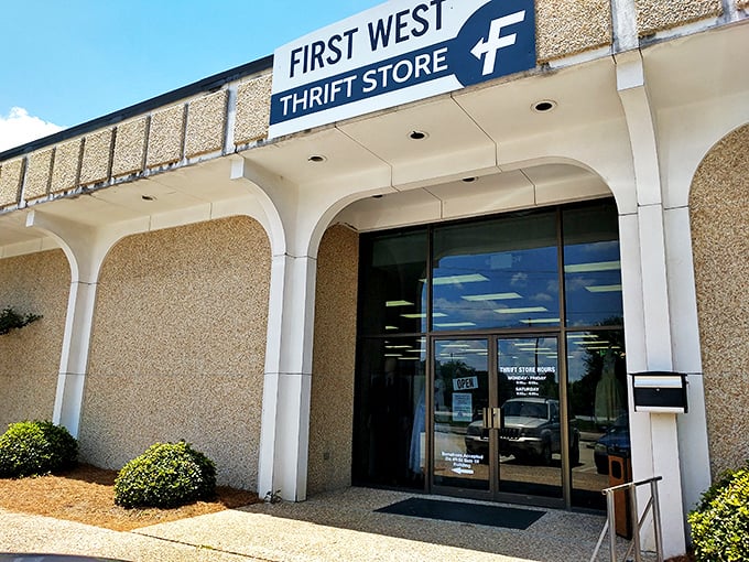 First West Thrift Store's clean, no-nonsense exterior promises treasures within. Like a book, never judge a thrift store by its cover!