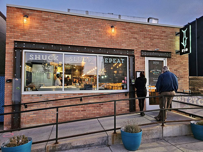 That "Shuck, Slurp, Repeat" window sign is basically Denver's seafood mantra &ndash; truth in advertising at its finest.