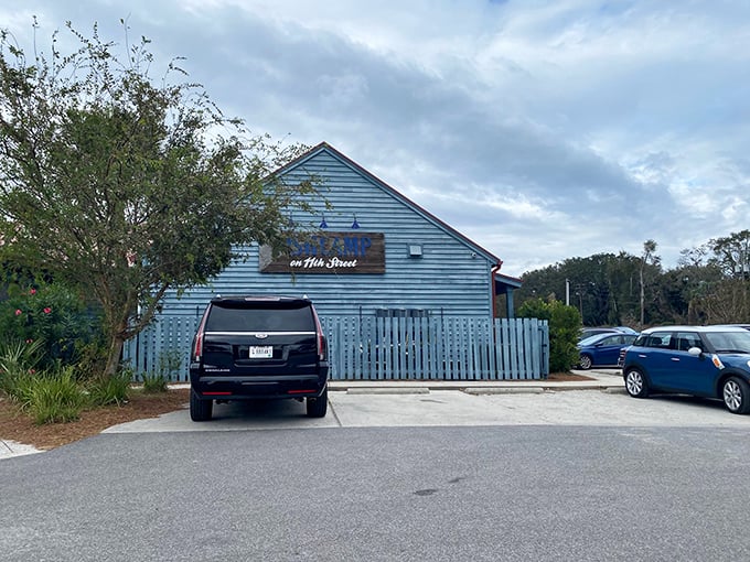 Nothing says "authentic seafood experience" like a weathered blue building that looks wonderfully lived-in.