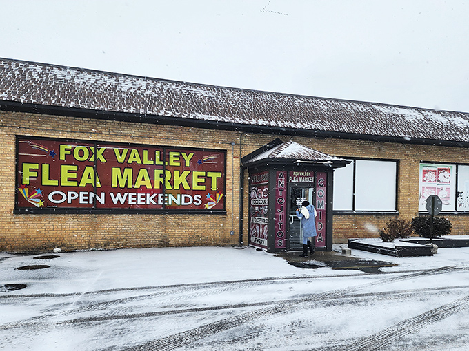Even in winter's embrace, Fox Valley Flea Market's vibrant sign cuts through the snow, promising warmth and wonderful discoveries inside.