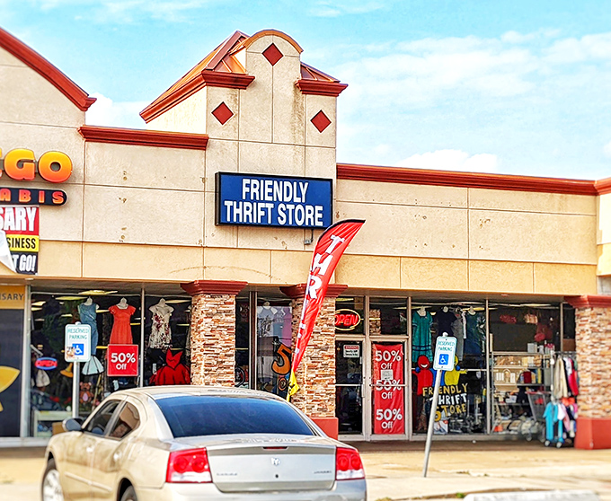 Stone accents and bright signage create an inviting entrance where bargain hunting feels like a legitimate shopping expedition.