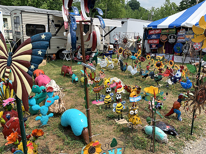 Garden whimsy meets Americana at Friendship Flea Market, where colorful critters create a carnival of lawn art possibilities.