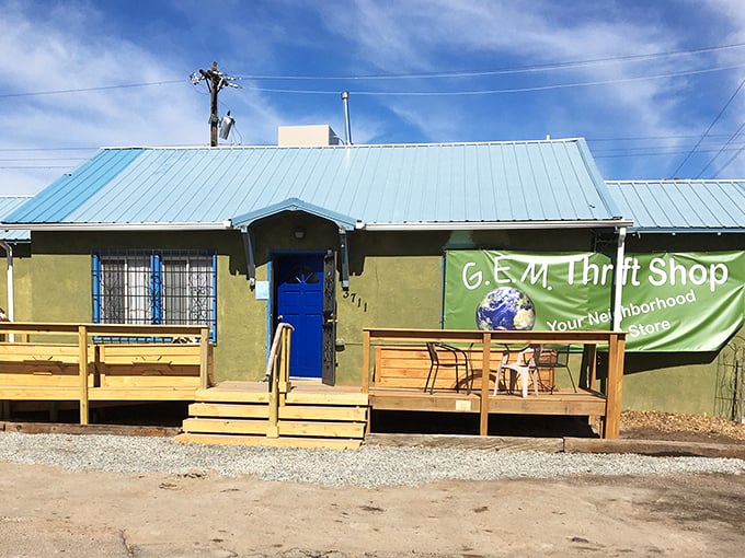 A humble green building with a bright blue door &ndash; G.E.M. Thrift Shop proves the best treasures often hide in the most unassuming packages.