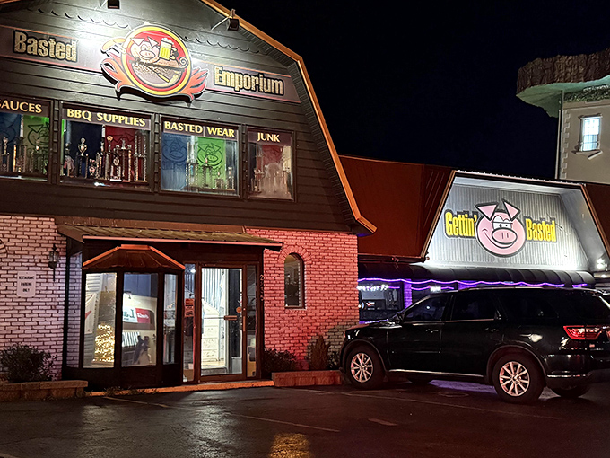 Gettin' Basted's nighttime glow is like a barbecue bat signal, calling all hungry heroes to the rescue.