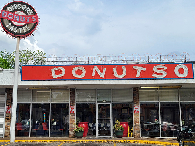 Gibson's classic red sign has been calling to donut lovers for decades of sweet satisfaction.