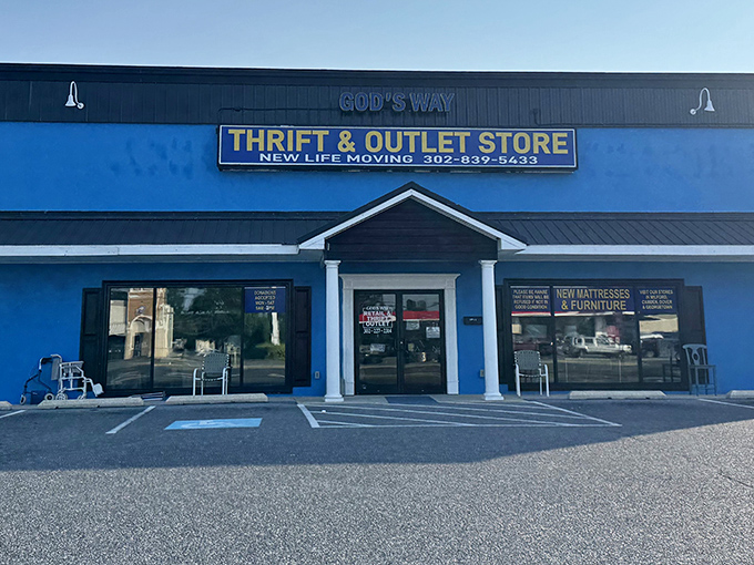 God's Way Thrift Store's bold blue facade stands out like a sapphire in the desert. Salvation for your wallet awaits inside!
