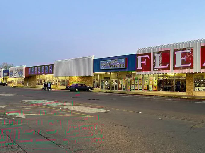 That classic flea market exterior promises adventures waiting inside - like a present wrapped in corrugated steel.