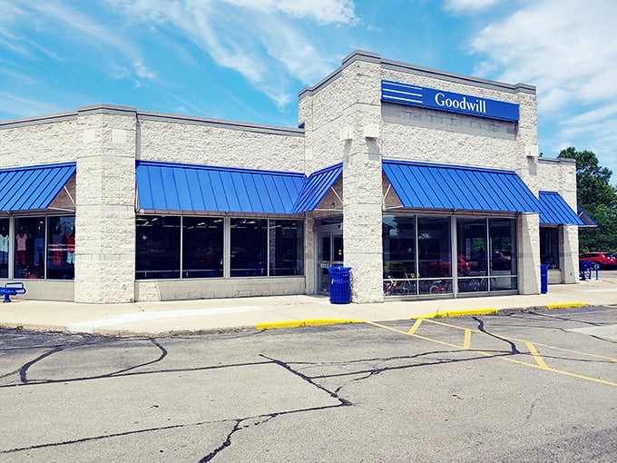 Goodwill's blue awnings and bright windows promise organized aisles of pre-loved possibilities inside.