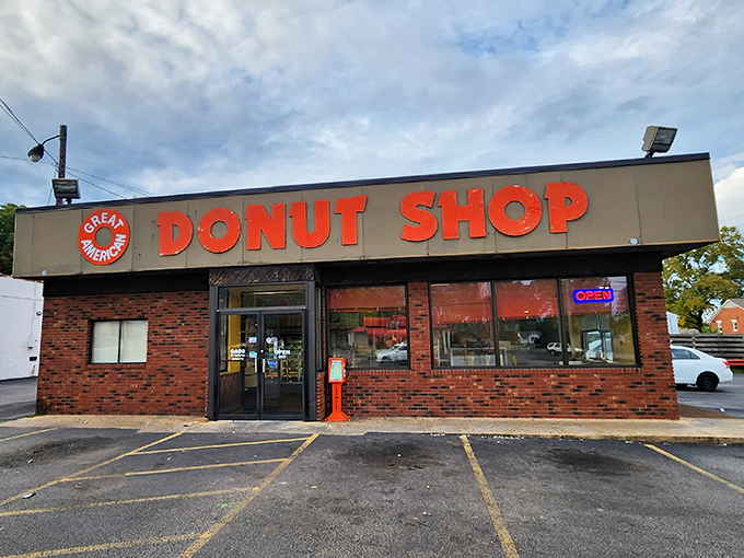 The bright red sign of GADS beckons like a lighthouse for donut lovers, 24 hours a day, 7 days a week.