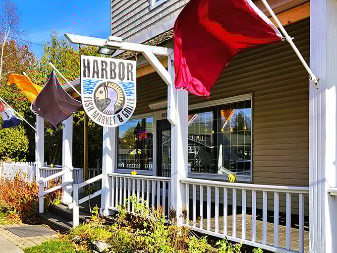 Harbor Fish Market's porch flies more flags than the United Nations&mdash;a colorful welcome that whispers "fresh catch inside!"