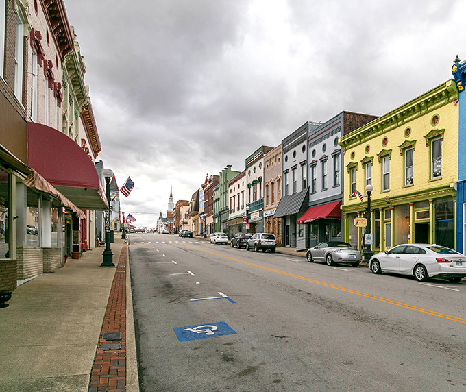 Harrodsburg's colorful downtown buildings stand like old friends, each one holding centuries of Kentucky history and reasonable prices.