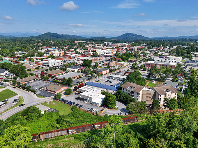 Hendersonville's aerial view showcases a town that nestles between mountains like it's giving the landscape a warm, friendly hug.