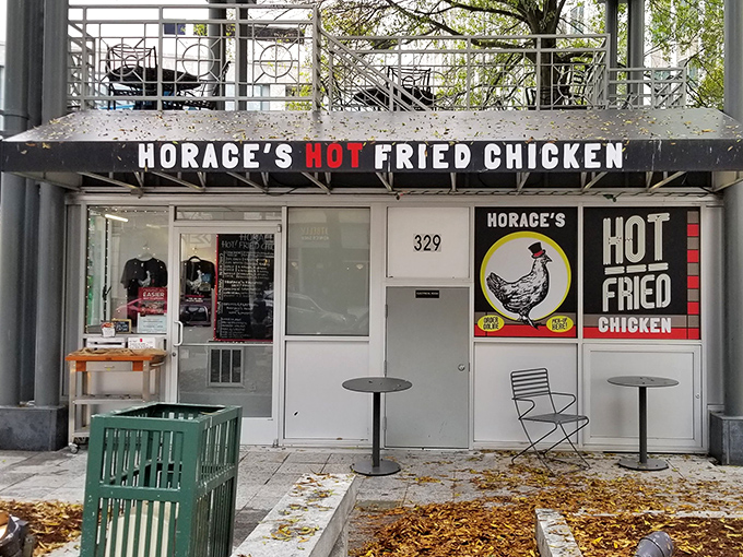 Horace's storefront might be modest, but that cartoon chicken in a top hat promises some seriously sophisticated flavor.