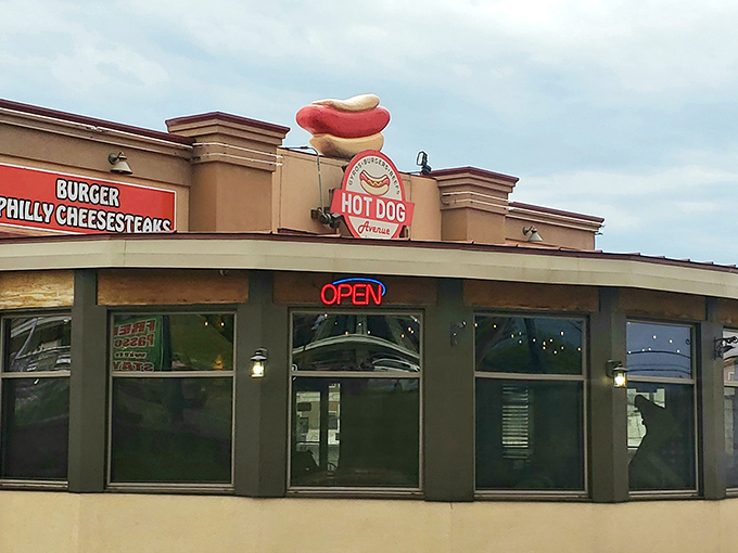 Hot Dog Avenue's giant wiener sign isn't compensating for anything—the dogs inside truly measure up to the hype!