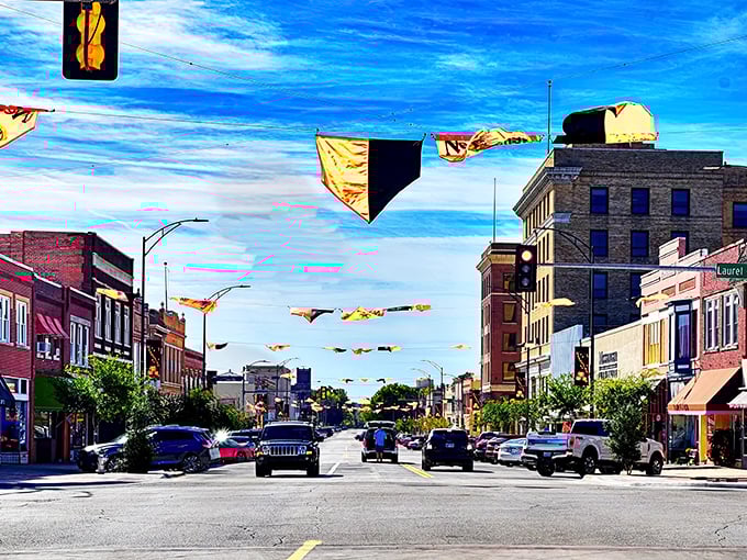 Colorful banners flutter above Independence's main street, celebrating community spirit under that impossibly blue Kansas sky.