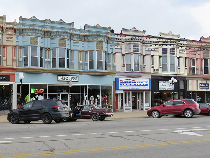 Iola's colorful storefronts paint the town square like a cheerful quilt spread across downtown Kansas.