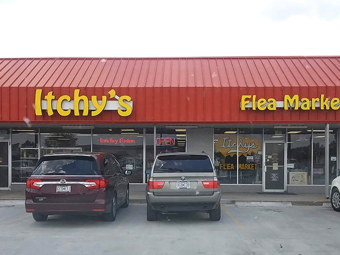 That bright red storefront practically shouts "bargains inside" louder than a carnival barker's pitch.