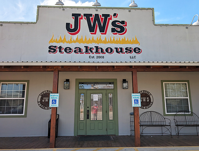 Clean lines and flame logos promise serious business when it comes to perfectly grilled steaks inside.