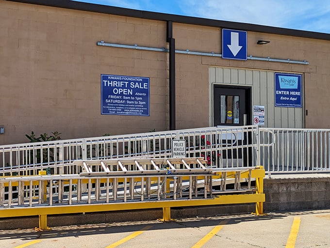 The Kiwanis Foundation's warehouse entrance might look simple, but treasures await behind those industrial doors. 