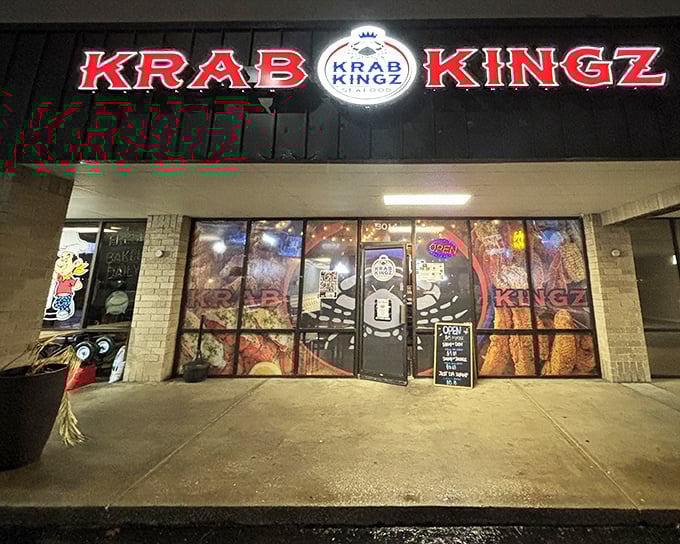 Krab Kingz's bold red sign promises royal treatment for your taste buds. The crown on that crab isn't just for show!