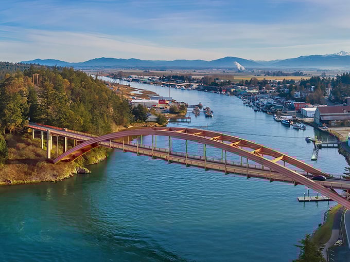 La Conner's Rainbow Bridge spans the channel like a cheerful gateway to small-town bliss.