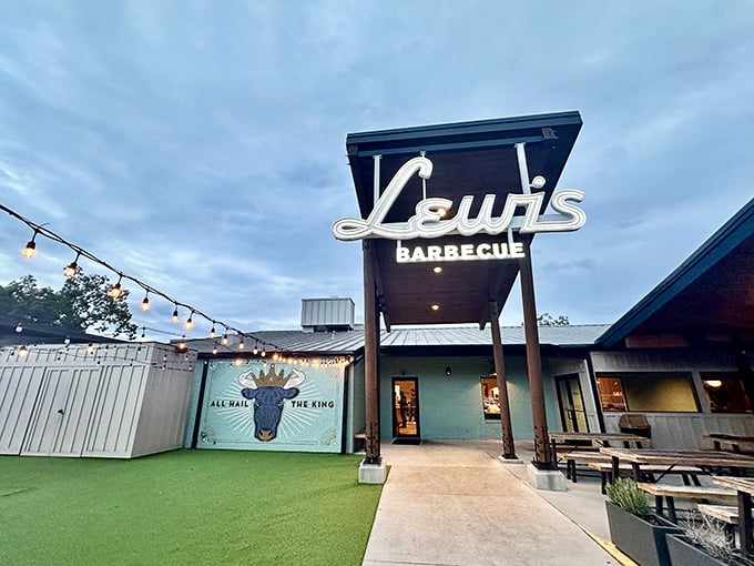 Lewis Barbecue's neon sign shines like a beacon of hope for the hungry and smoke-deprived.