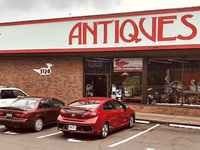 Bold red letters announce a wonderland of nostalgia at Little Antique Mall &ndash; no GPS needed to find this landmark!