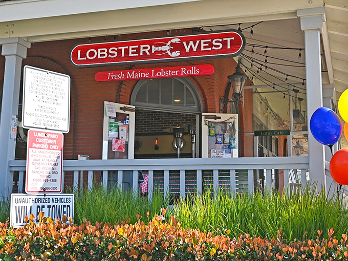 Lobster West brings Maine vibes to sunny California. That sign is like a love letter to East Coast seafood traditions.