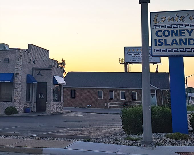 Louie's Coney Island glows at sunset, a humble temple to the perfect coney dog.