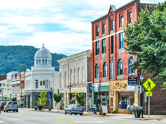 Mountain town perfection captured in red brick and blue sky dreams. 