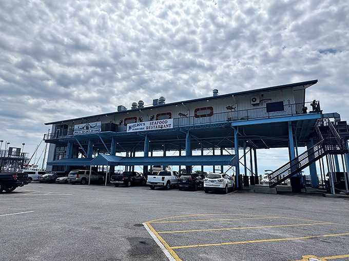 McElroy's Harbor House rises on stilts above the parking lot, ready to feed you seafood with a side of Gulf views.