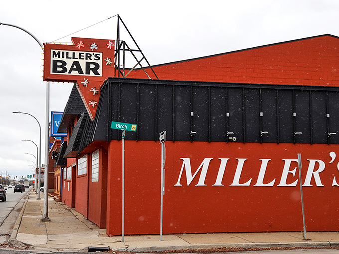 Miller's Bar stands proud in red brick glory, promising comfort food that'll make your day brighter.