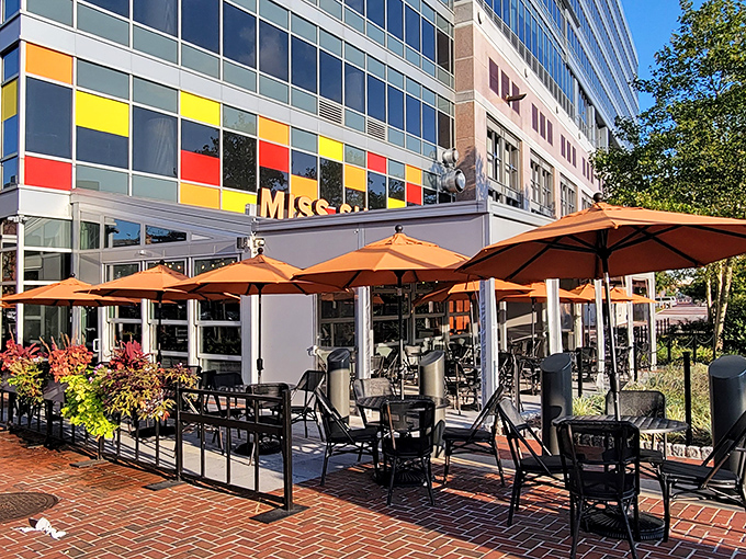Miss Shirley's colorful facade brightens up the Inner Harbor with its cheerful outdoor seating area.
