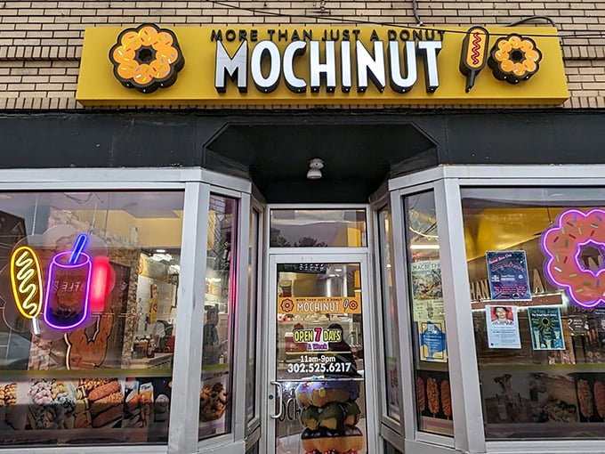 Mochinut's vibrant yellow storefront promises a flavor adventure beyond ordinary donuts. "More than just a donut" is right!