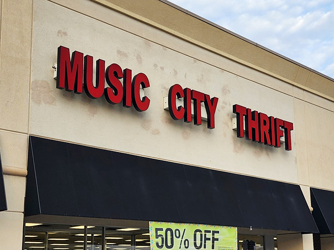 Music City Thrift's bold red signage promises treasures as vibrant as Nashville's music scene.
