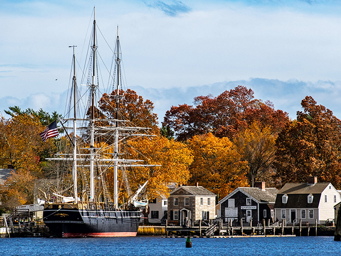 Mystic's harbor whispers tales of seafaring adventures while tall ships stand ready for exploration.