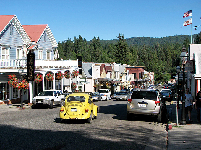 Nevada City's Victorian houses climb hillsides like colorful gems scattered by gold rush dreamers.