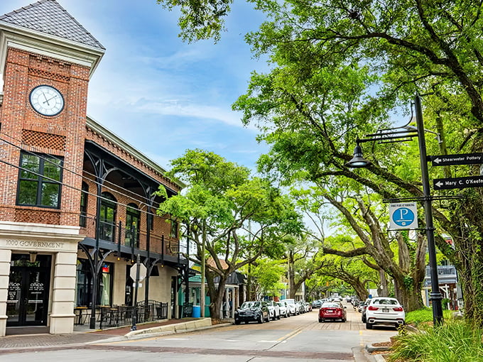 Ocean Springs storefronts wear their colors like proud peacocks, each building contributing to a streetscape that's part art gallery, part beach town dream.