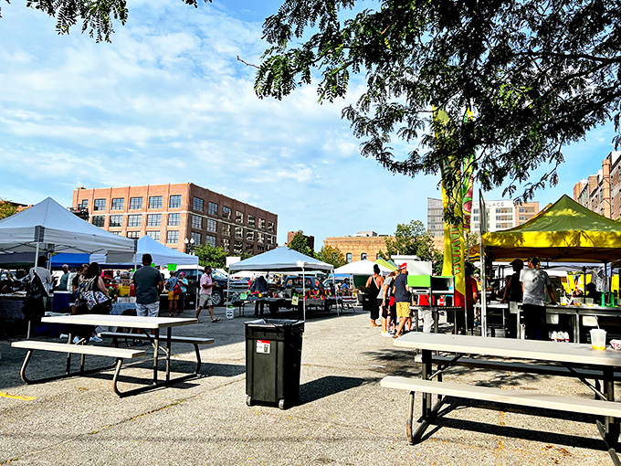 Downtown charm meets weekend wandering where brick buildings frame the perfect treasure hunt.