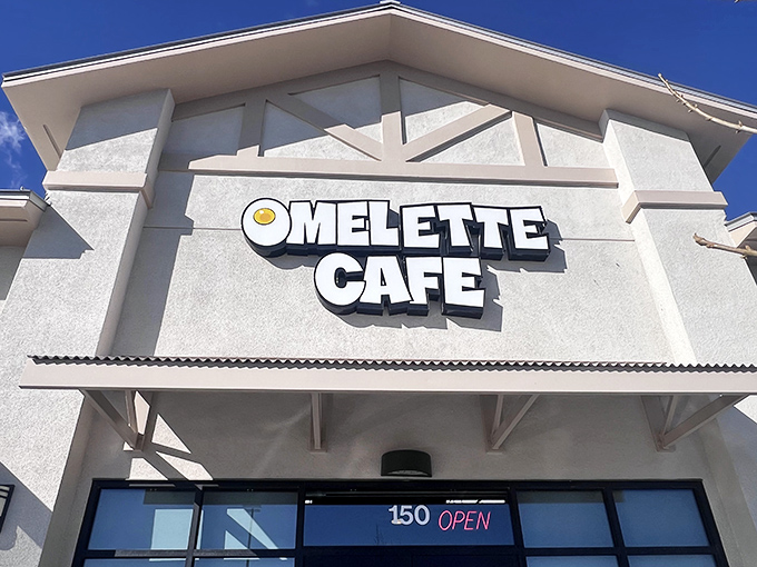 The Omelette Cafe's clean, modern facade promises breakfast dreams come true in the heart of Skye Canyon.