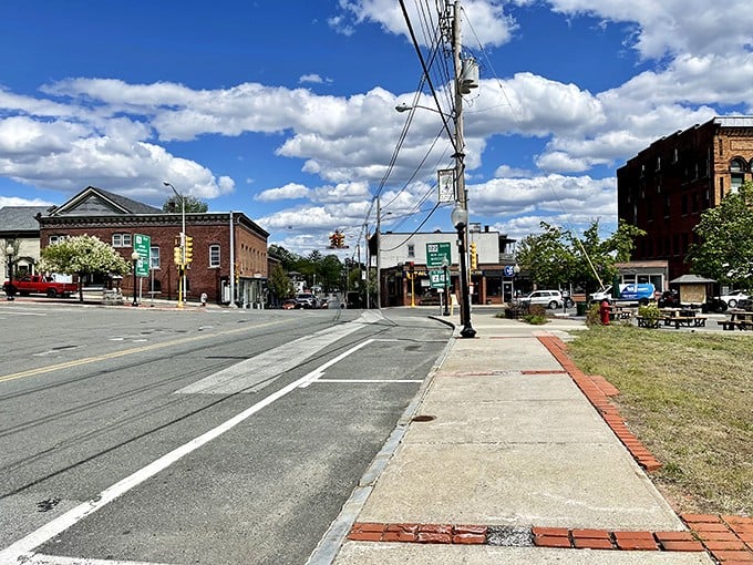 Orange's brick-lined Main Street could be a movie set for "Quintessential New England Town" &ndash; complete with hills in the background.