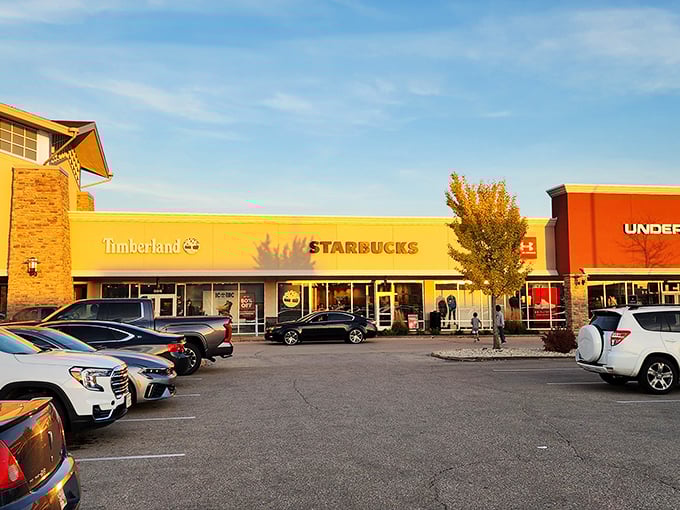 Pleasant Prairie Premium Outlets' impressive stone tower announces "serious shopping ahead" with the subtlety of a Vegas marquee.