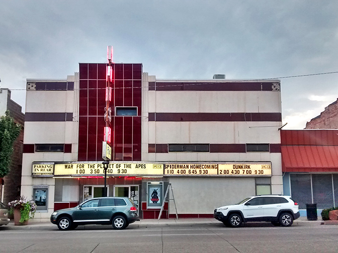 The historic theater's red facade lights up Richfield's main street like a beacon of entertainment from a simpler era.