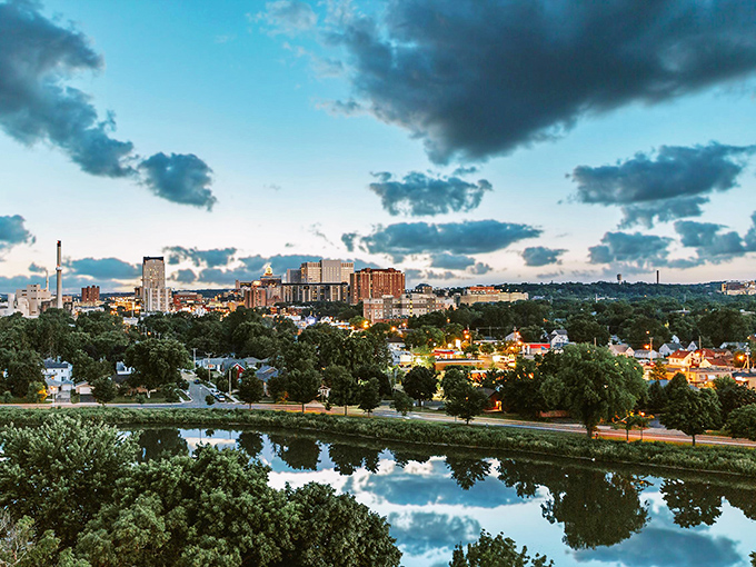 Rochester's skyline reflects perfectly in the water, proving even medical cities can be picture-perfect postcards.