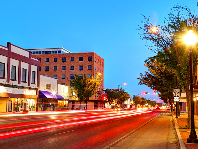 Roswell's Main Street glows with evening light, proving this town has more charm than alien conspiracy theories.