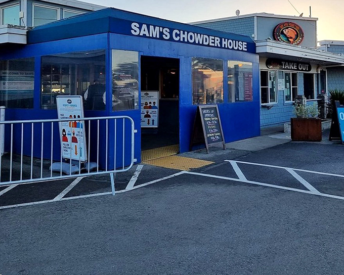 Sam's Chowder House's bright blue facade stands like a beacon for hungry travelers along the Half Moon Bay coast.